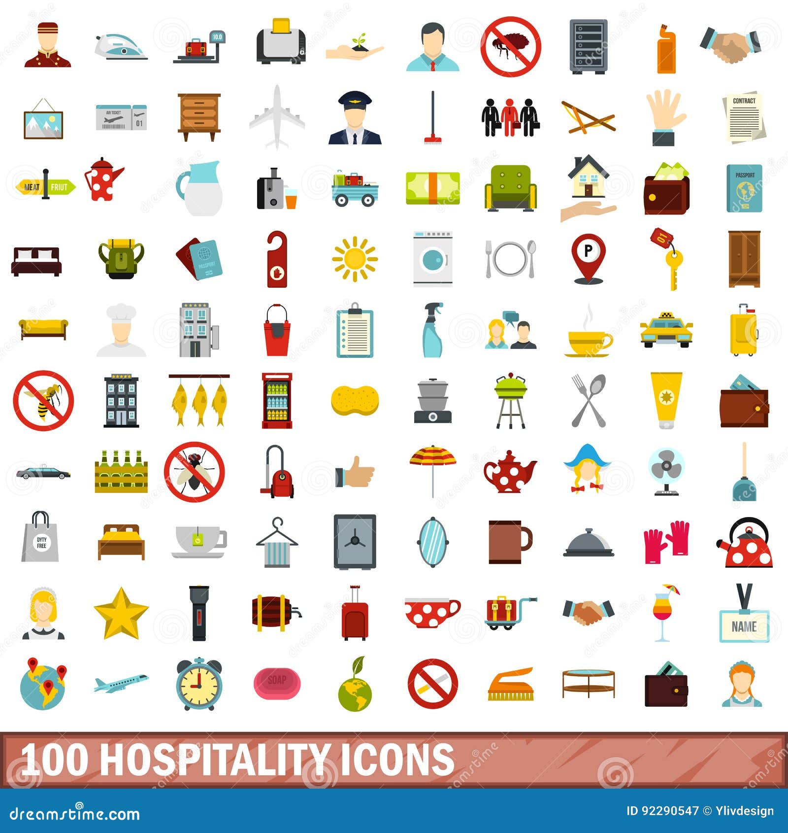 100 Hospitality Icons Set, Flat Style Stock Vector - Illustration of ...