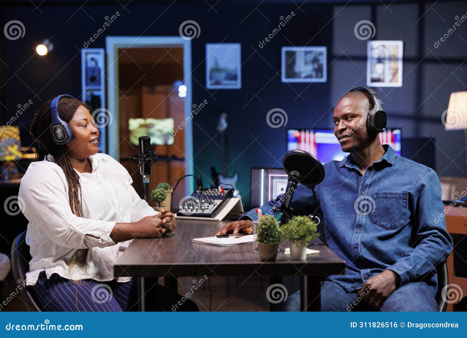 Host with Microphone Interviews Influencer Stock Photo - Image of ...