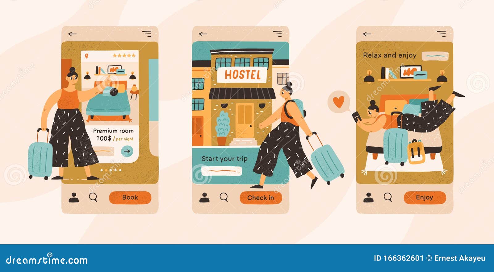 Hostel Check-in Steps Vector Illustrations Set. Online Guesthouse ...
