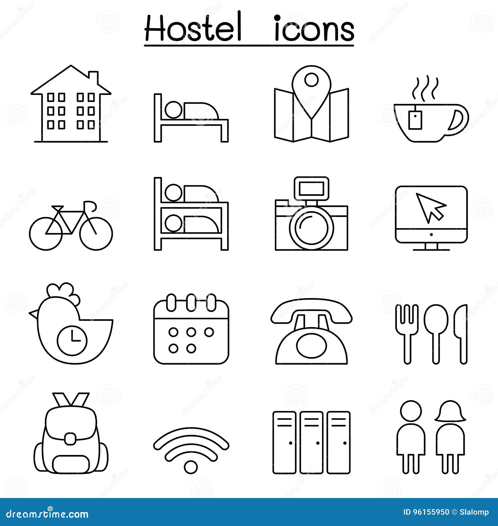 Hostel Icon Set in Thin Line Style Stock Illustration - Illustration of ...