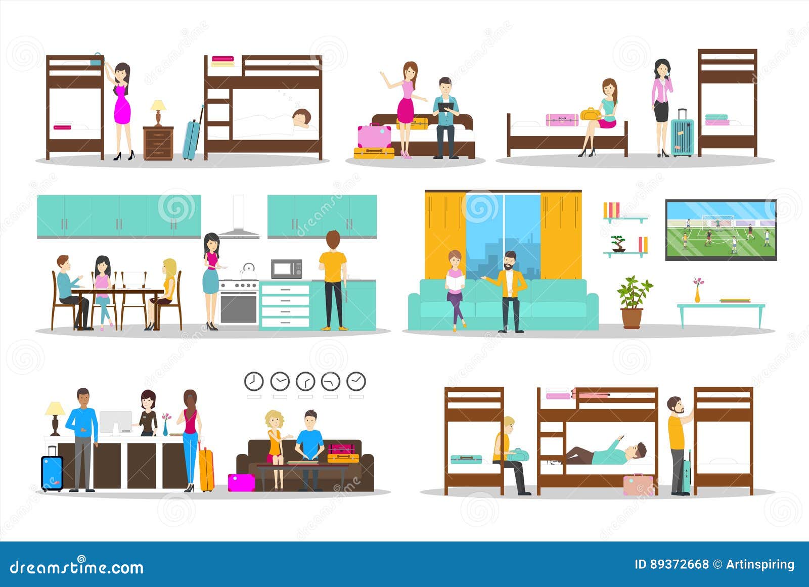 Hostel inside set. stock vector. Illustration of backpacker - 89372668