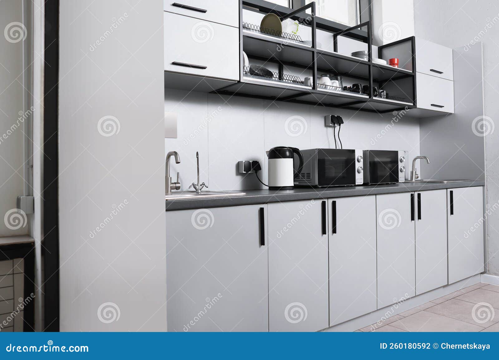 Hostel Kitchen Interior with Modern Furniture and Appliances Stock ...