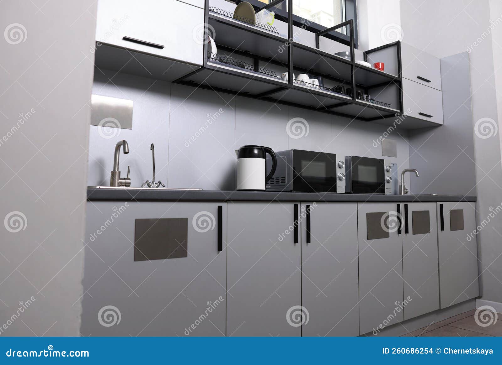 Hostel Kitchen Interior with Modern Furniture and Appliances Stock ...