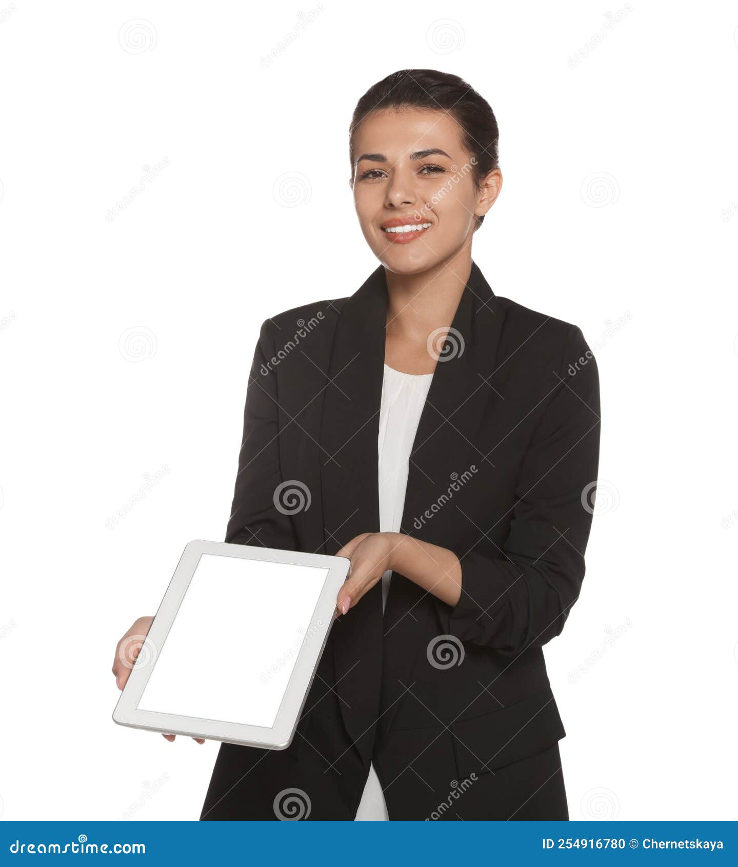 Hostess in Uniform with Tablet on White Background Stock Photo - Image ...