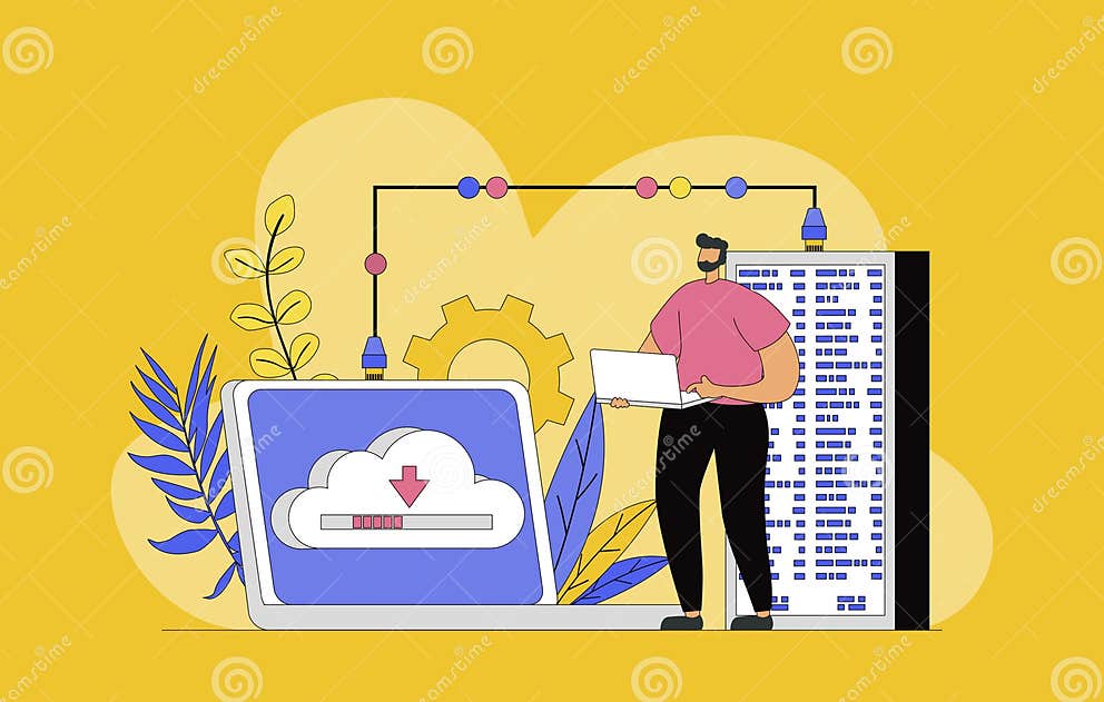 Hosting Provider Concept with Modern Flat Design for Web. Man Working in Technical Support of ...