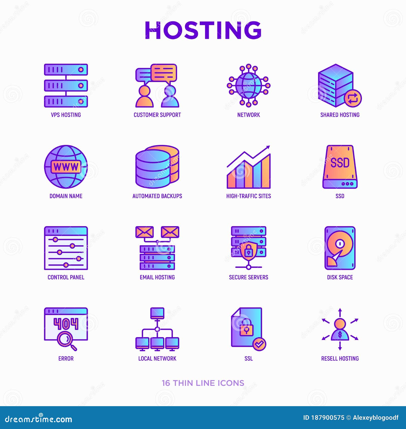 Hosting Thin Line Icons Set Vps Customer Support Domain Name Automated Backup Ssd Control