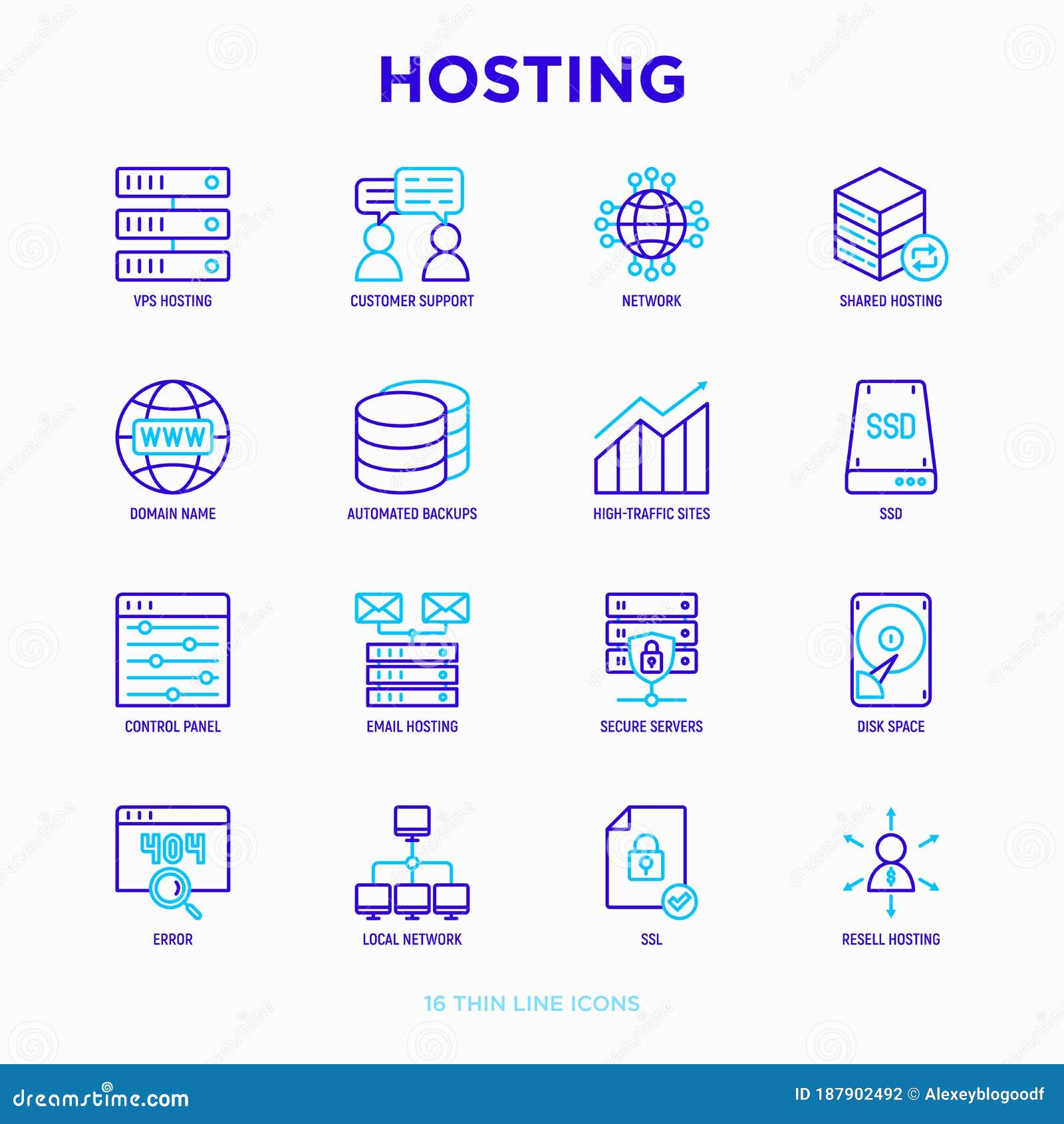 Hosting Thin Line Icons Set Vps Customer Support Domain Name Automated Backup Ssd Control