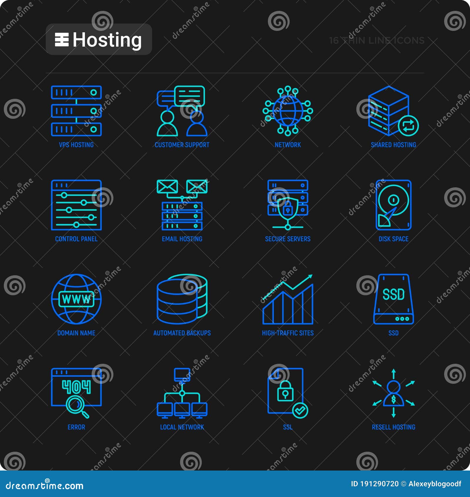 Hosting Thin Line Icons Set Vps Customer Support Domain Name Automated Backup Ssd Control