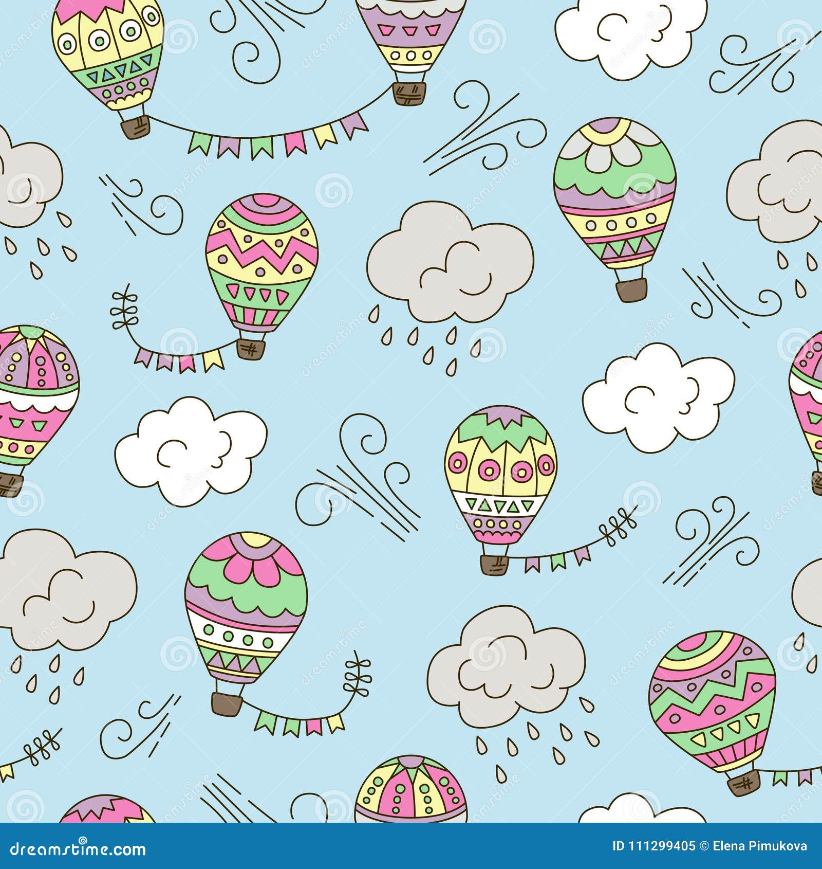 Hot Air Balloon and Clouds. Seamless Pattern. Vector Hand Drawn Doodle ...