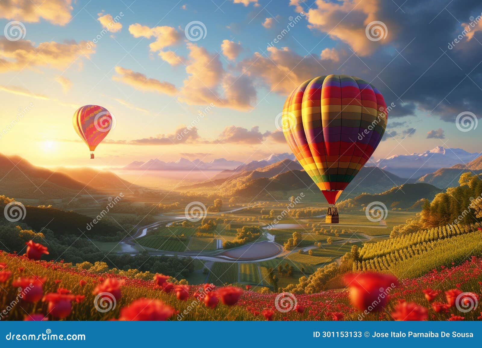 Hot Air Balloon Drifting Gracefully Over a Stock Illustration ...