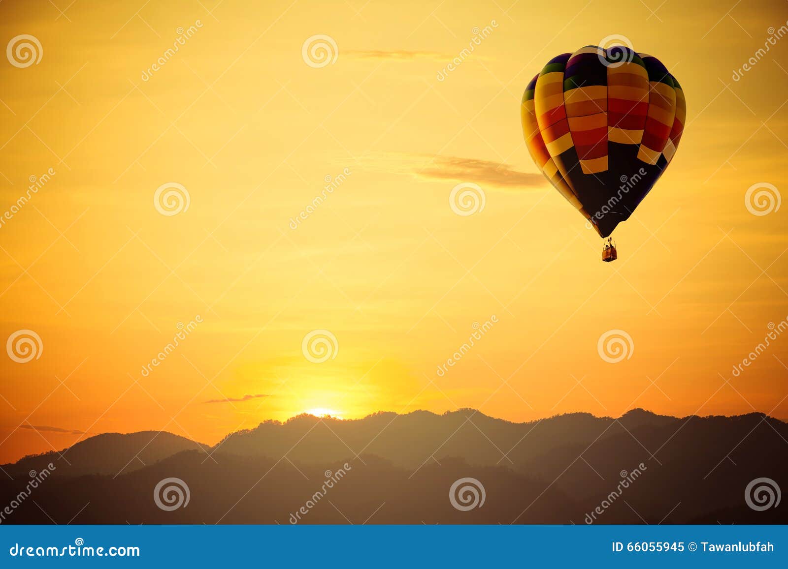 Hot Air Balloon Flight Over Mountain with Sunset. Stock Image - Image ...