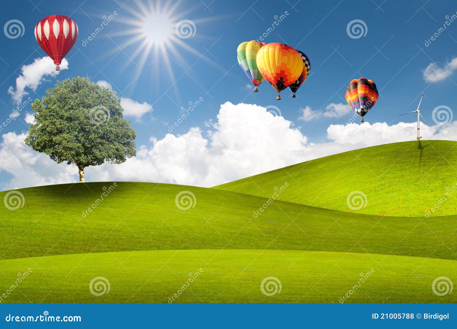 Hot Air Balloon Floating In The Sky Over Land Royalty-Free Stock Image ...