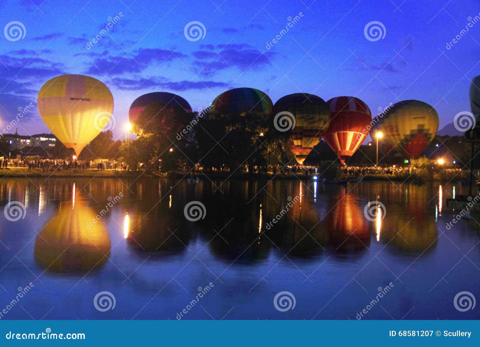 Hot Air Balloon Over Evening Summer Lake Editorial Photography - Image ...