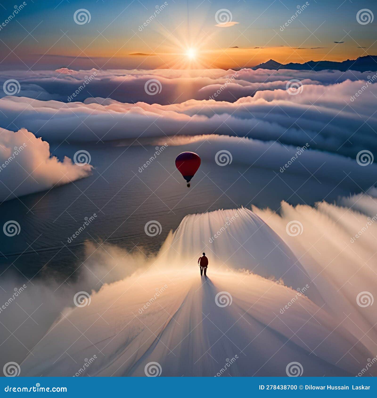 Hot Air Balloon in the Sunset Evening Sky and Pure Cloud Copy Space ...
