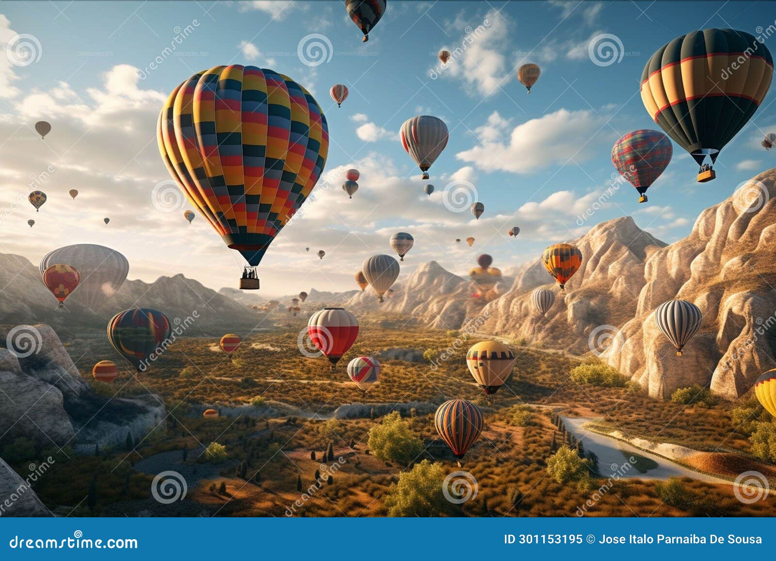 Hot Air Balloons Ascending Over a Valley during Stock Illustration ...