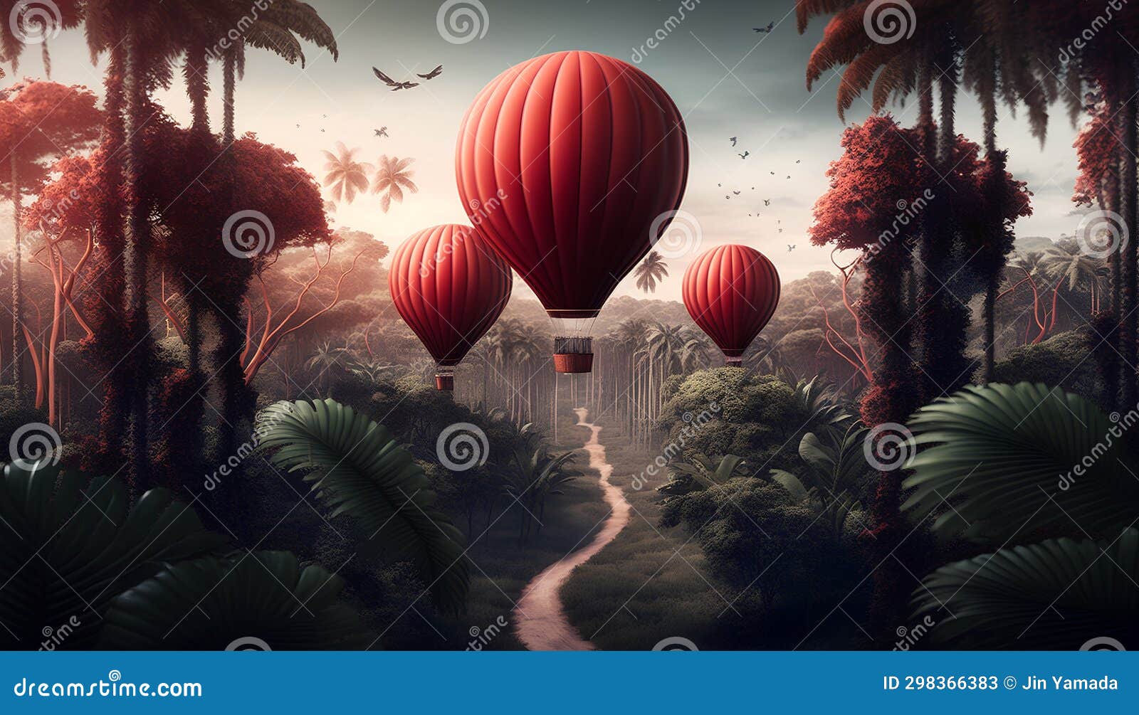 Hot Air Balloons Flying Over the Jungle. 3D Rendering Stock ...