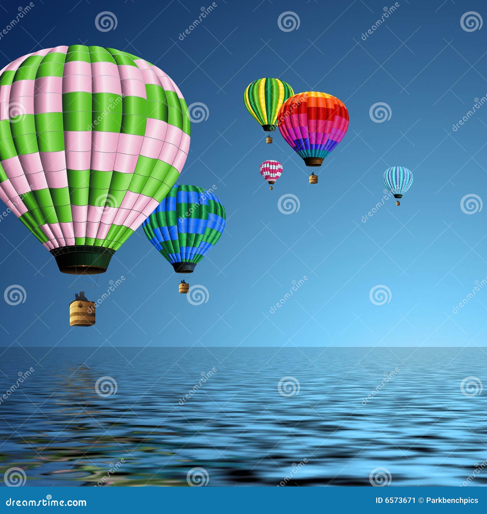 Hot Air Balloons Flying Over the Ocean Stock Illustration ...