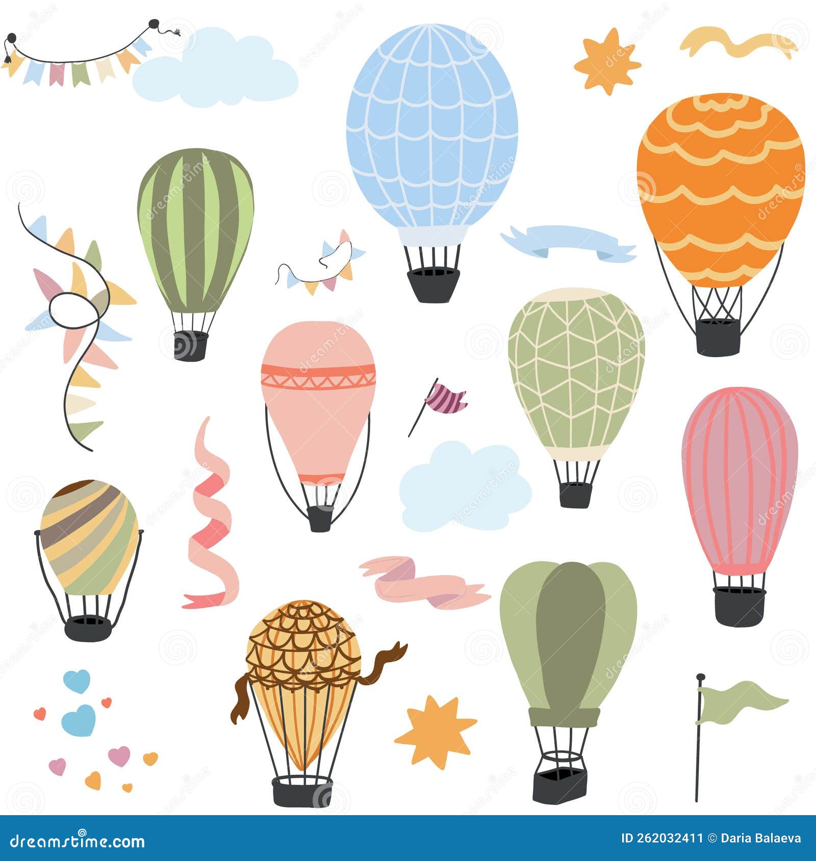 Hot Air Balloons Hand Drawn Set Stock Vector - Illustration of basket ...