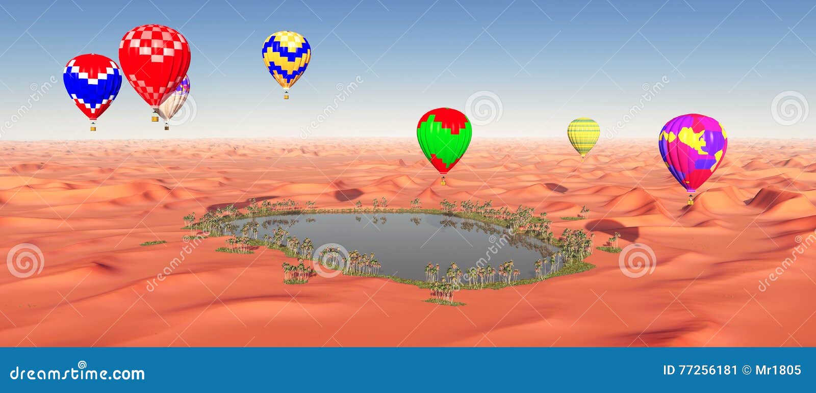 Hot Air Balloons Over a Desert Oasis Stock Illustration - Illustration ...