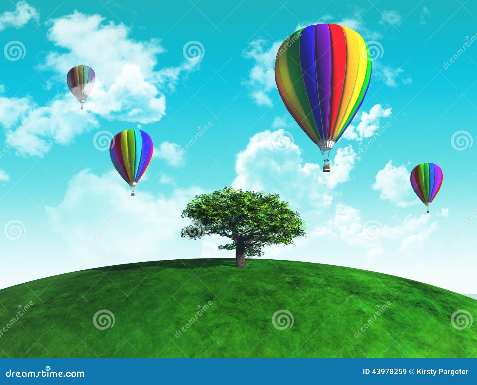Hot Air Balloons with Tree on Grassy Globe Stock Illustration ...