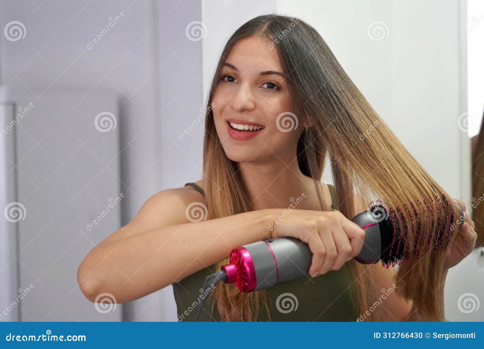Hot Air Hair Brush Young Woman Using Round Brush Hair Dryer To Style Hair In An Easy Way At