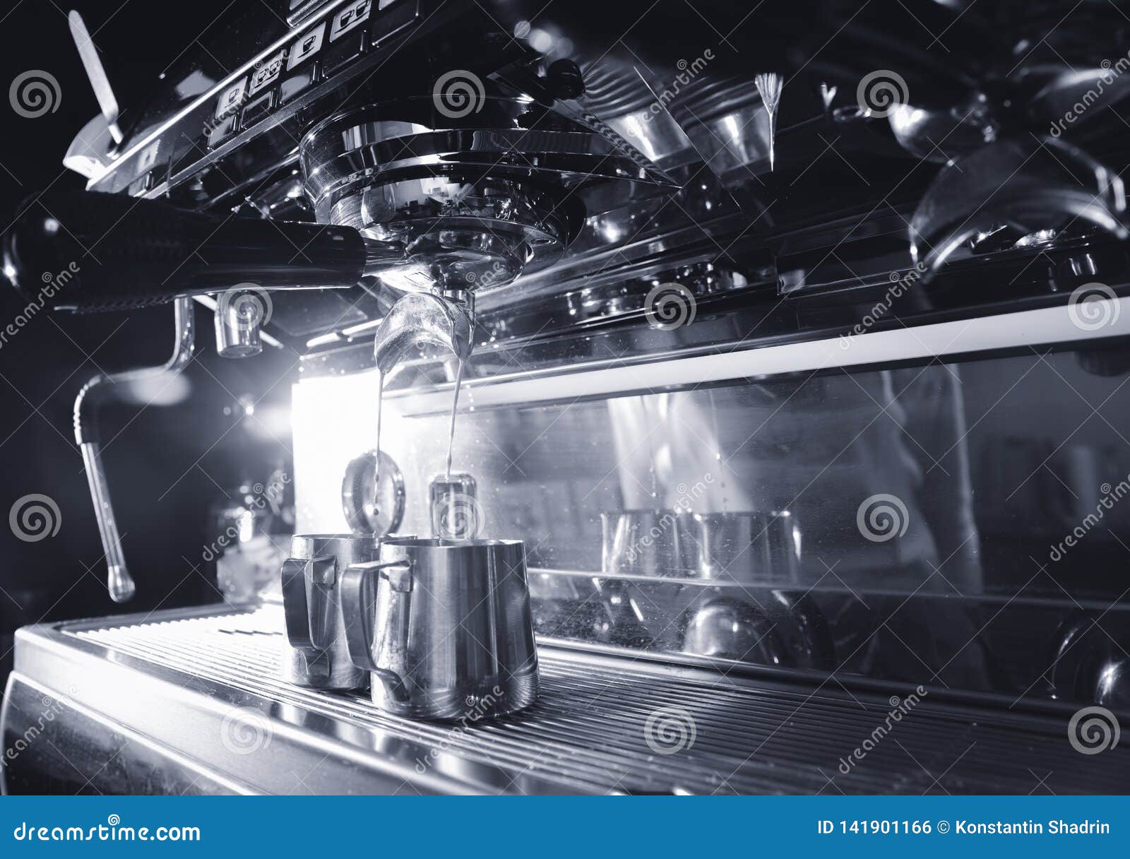 Hot Black Coffee is Poured into a White Cup, Made from Porta Filter ...