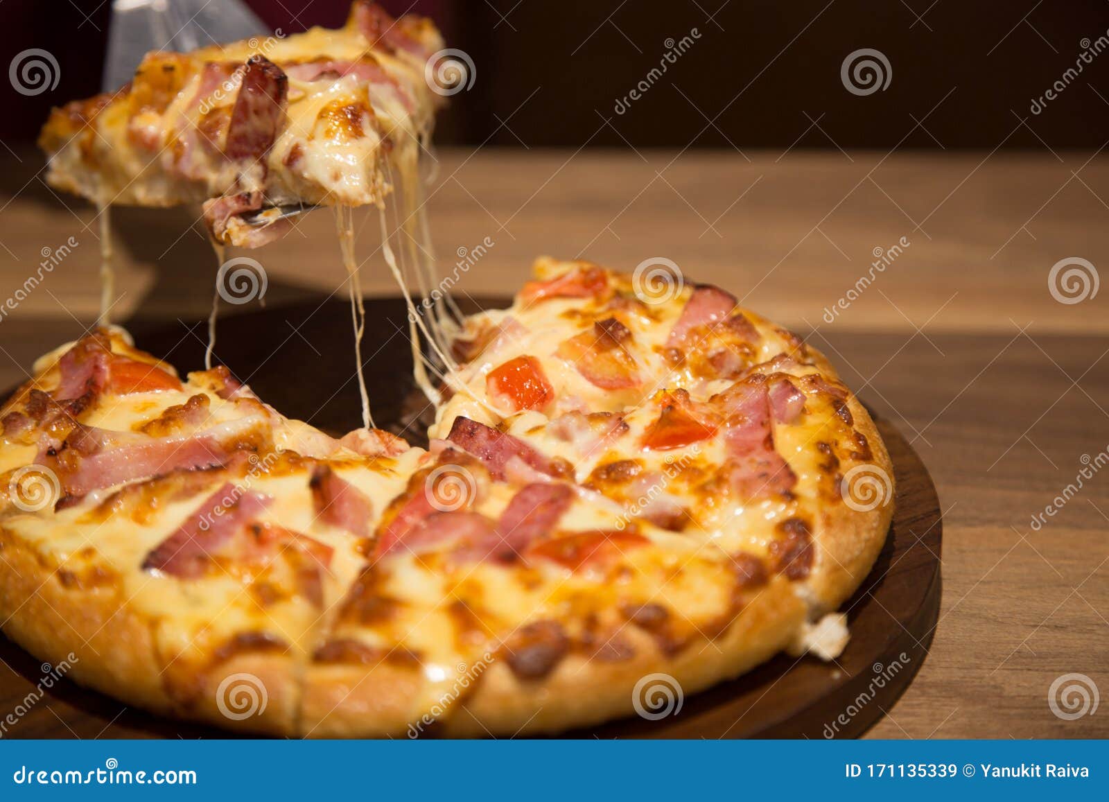 Hot Cheese Pizza in Dinner Light on Wood Table Stock Image - Image of ...