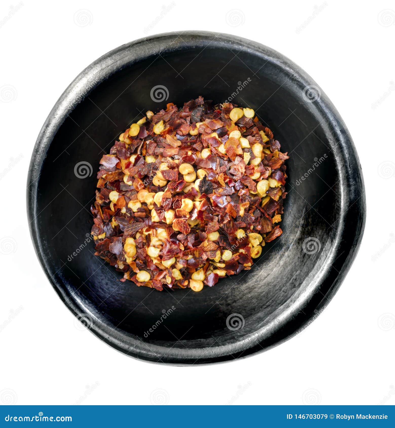 Hot Chilli Flakes in Black Bowl Isolated on White Top View Stock Image ...