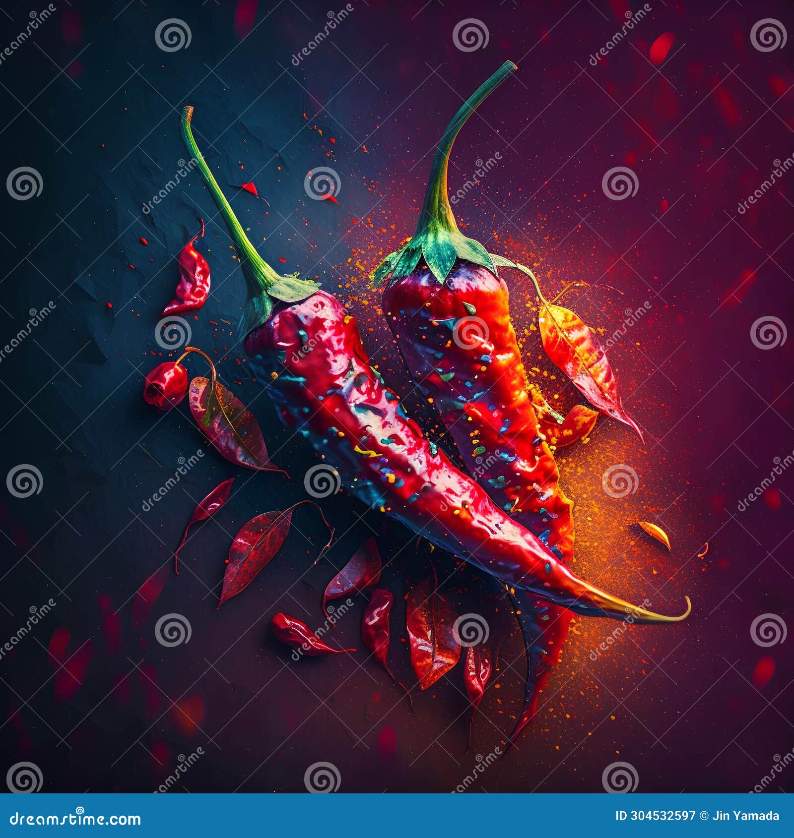 Hot Chilli Peppers on Black Background with Red Paint Splashes. Stock ...