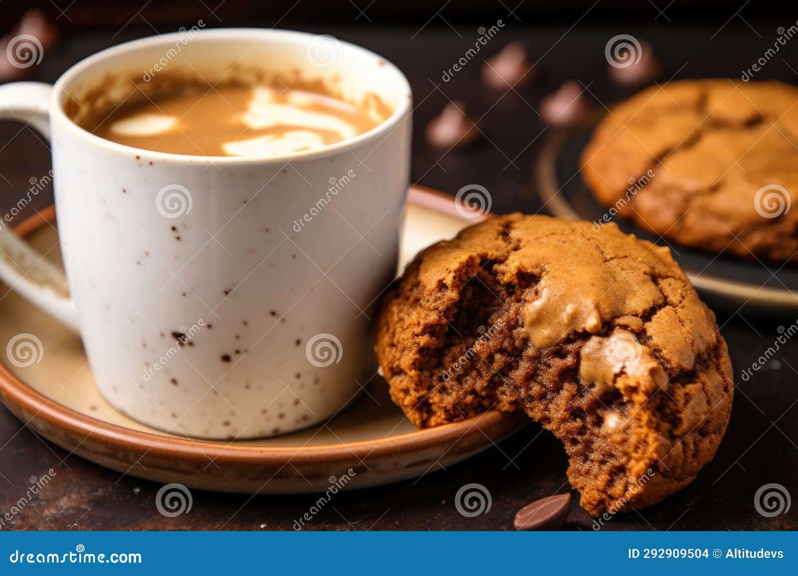 A Hot Chocolate Mug with a Half-eaten Chocolate Chip Cookie Next To it ...
