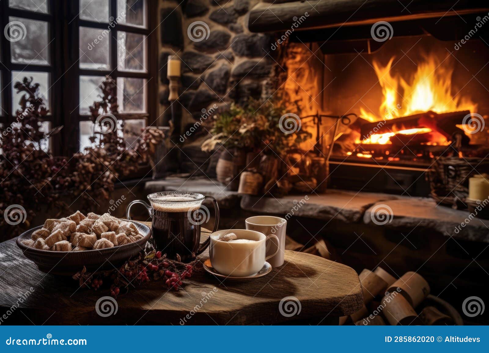 Hot Chocolate in a Rustic Setting, Near a Fireplace Stock Illustration ...