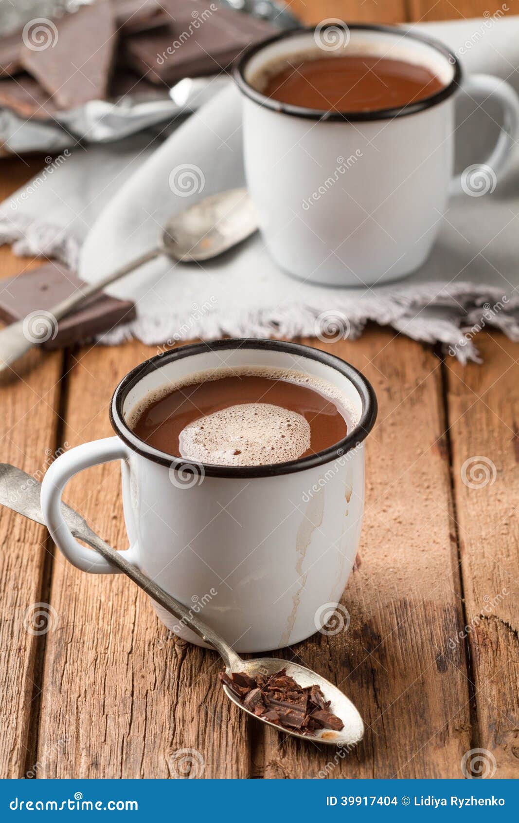 Hot Chocolate in Two Enamel Mugs Stock Photo - Image of gourmet ...