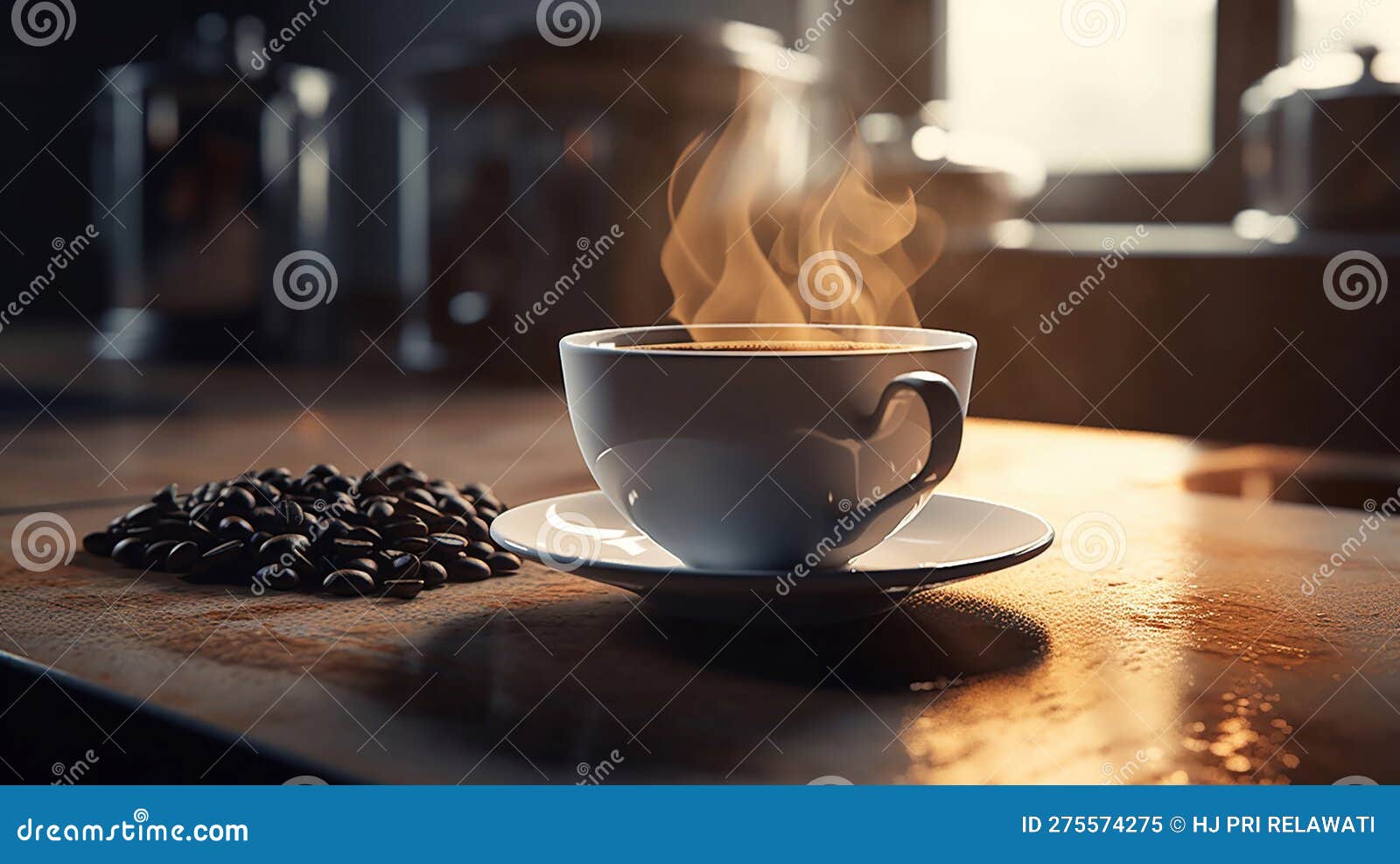 Hot Coffee Cup and Coffee Beans Roating on the Wooden Table. Generative ...