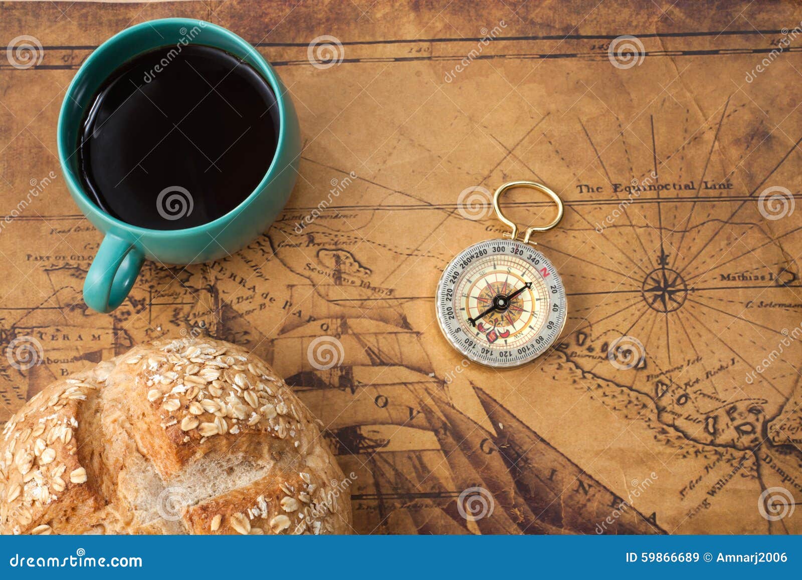 Hot Coffee Cup ,bread and Compass Stock Image - Image of coffee ...