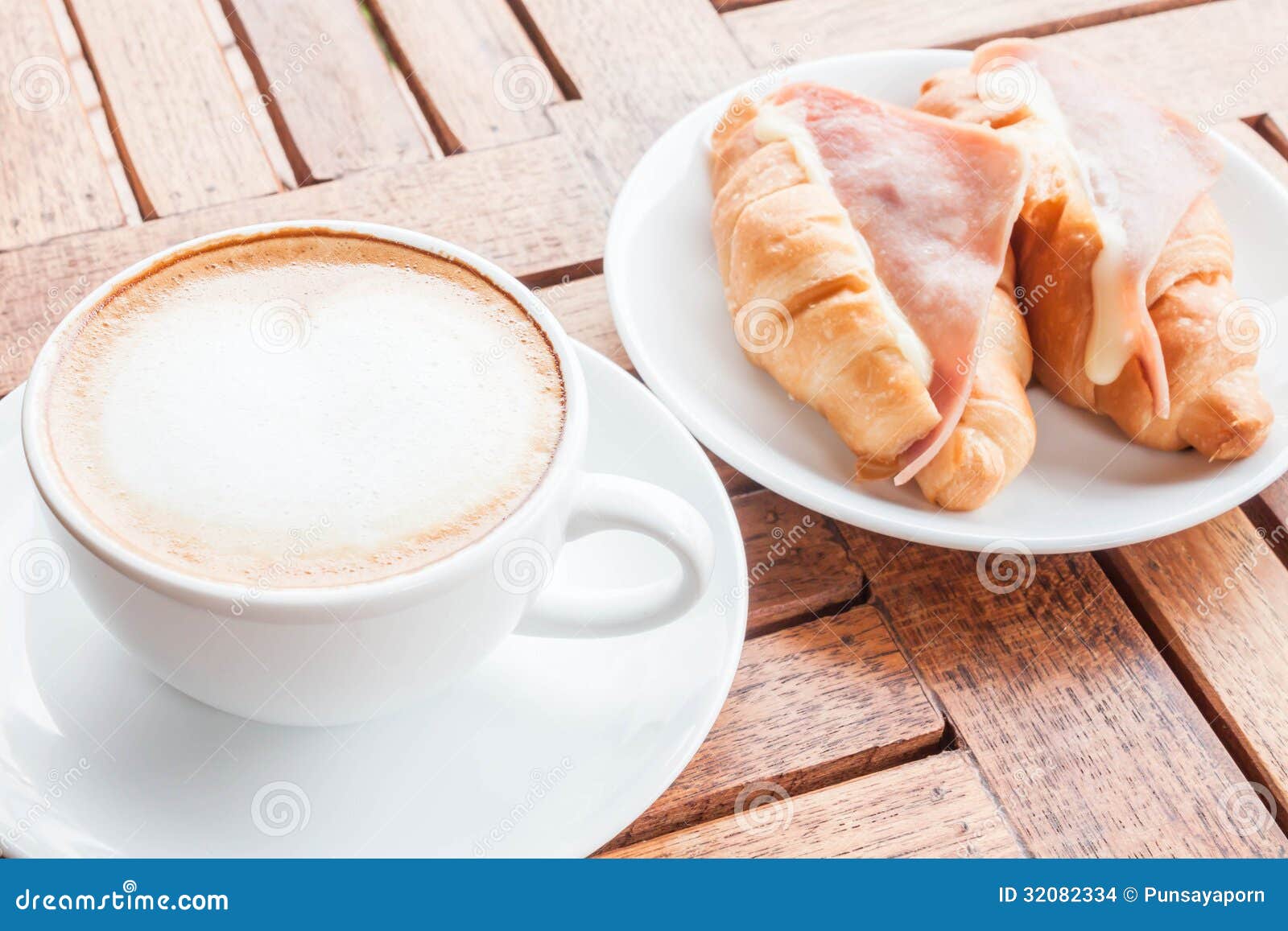 Hot Coffee and Ham Cheese Croissants Stock Photo - Image of bakery ...