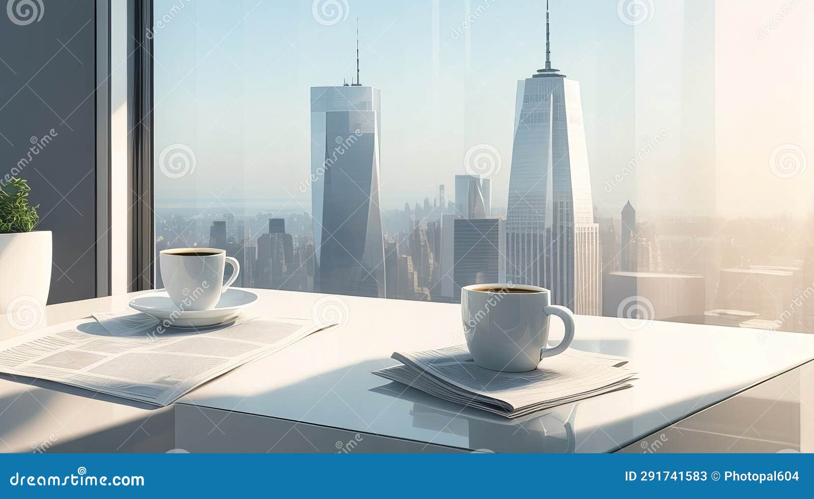 Hot Coffee and Open Newspaper in a Spacious White Environment. Stock ...