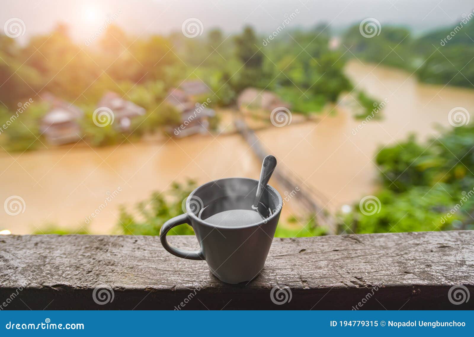 Hot Coffee and River Nature View Stock Image - Image of aroma, river ...