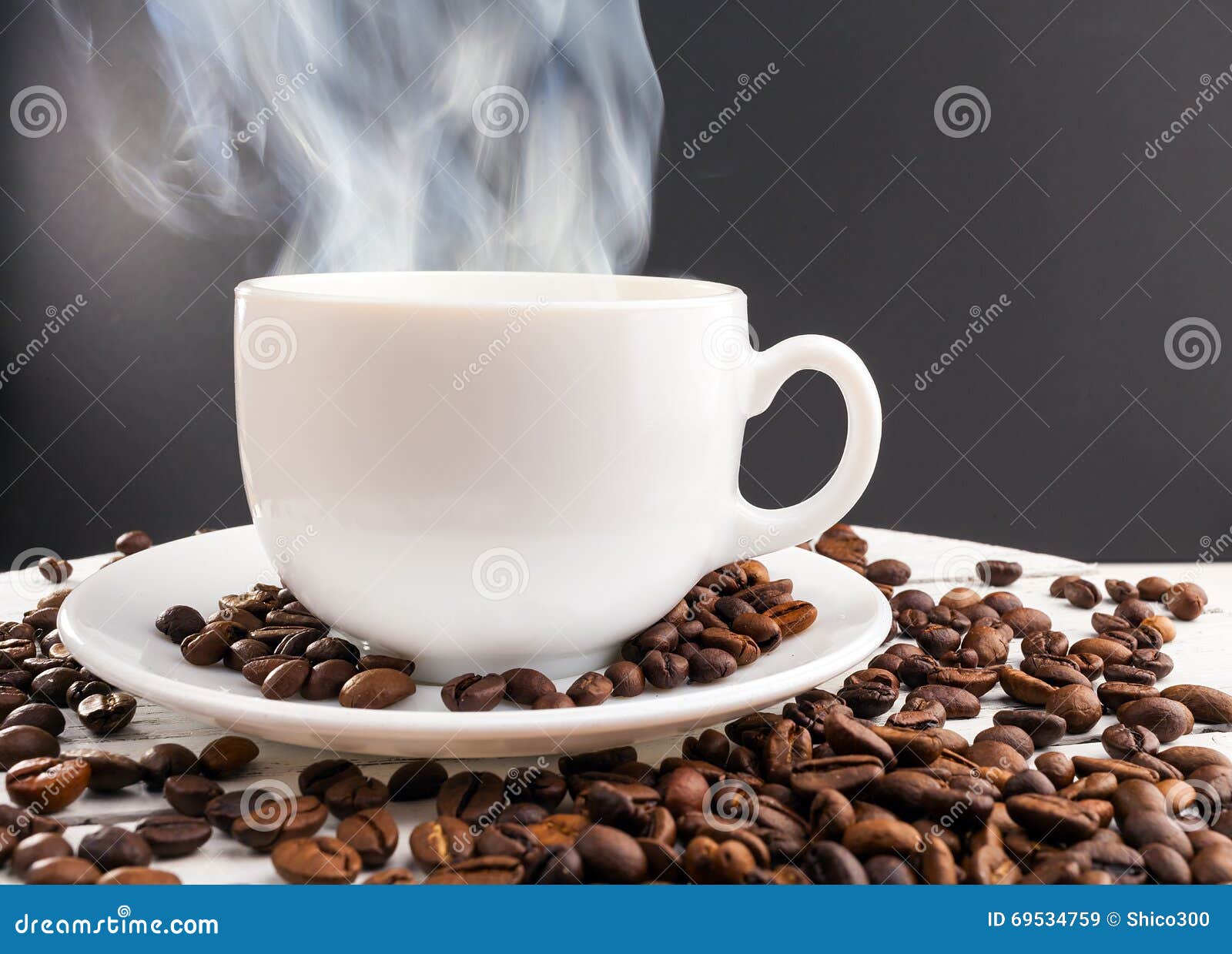 Hot Coffee Smoke and Cofee Beans on Wood Table Stock Image - Image of ...