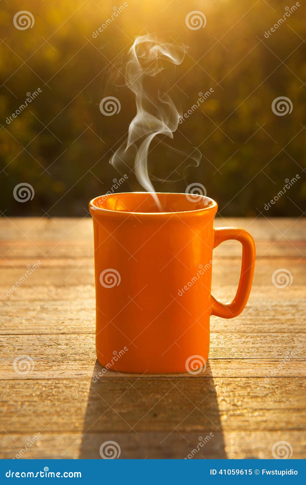 Hot Coffee on Wood Table in Sunset Stock Image - Image of morning ...