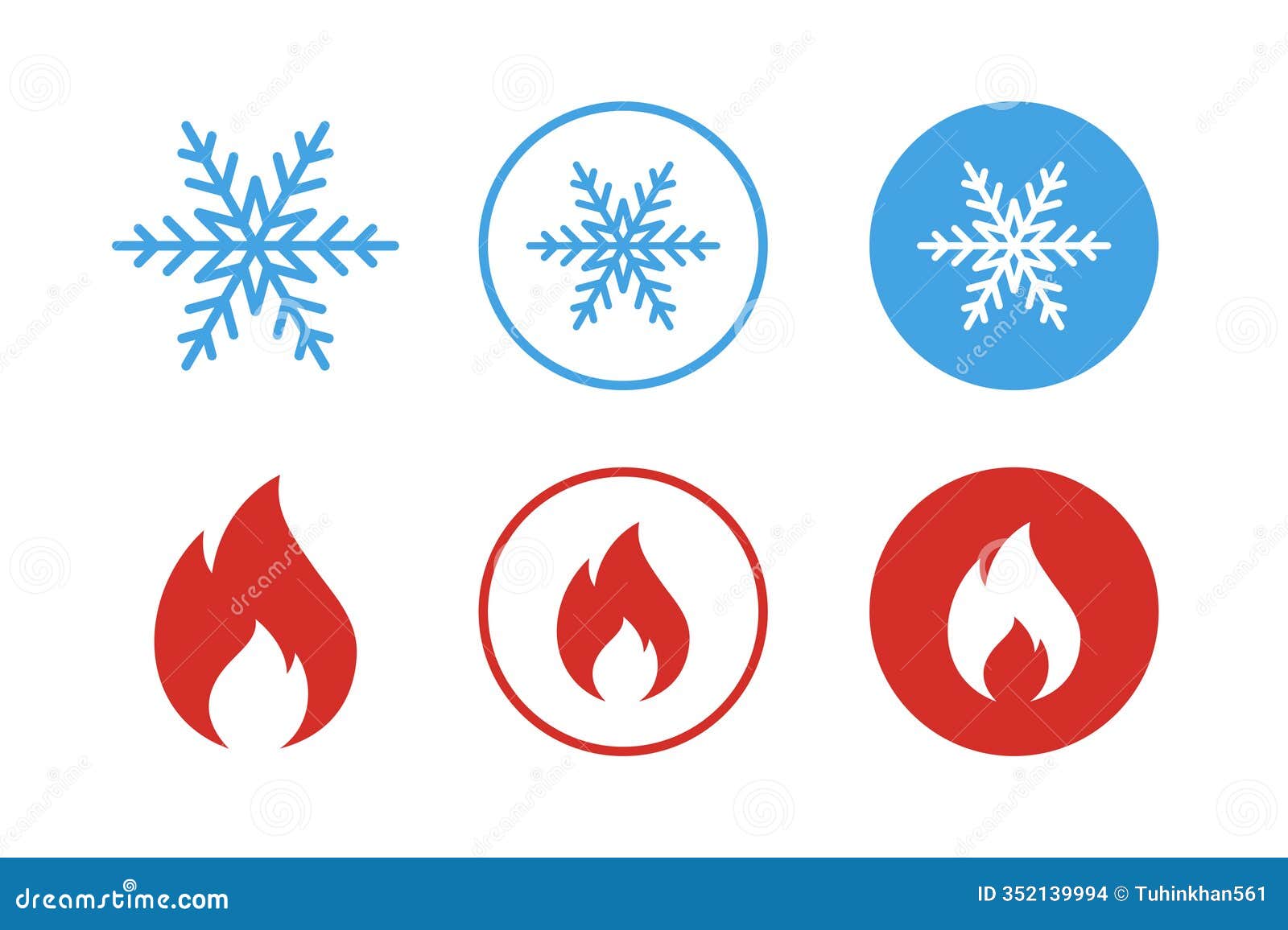 Hot and Cold Vector Flat Icon Set. Snowflake and Fire, Flame Symbols ...