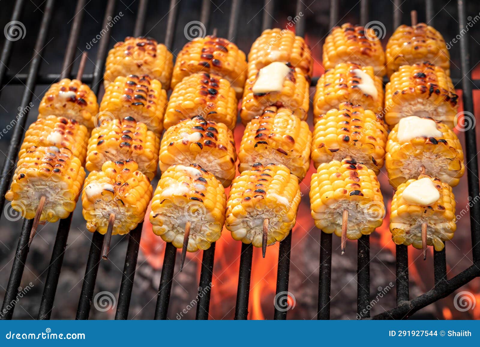 Hot Corncob with Butter on Grill on Bonfire with Flames Stock Photo ...