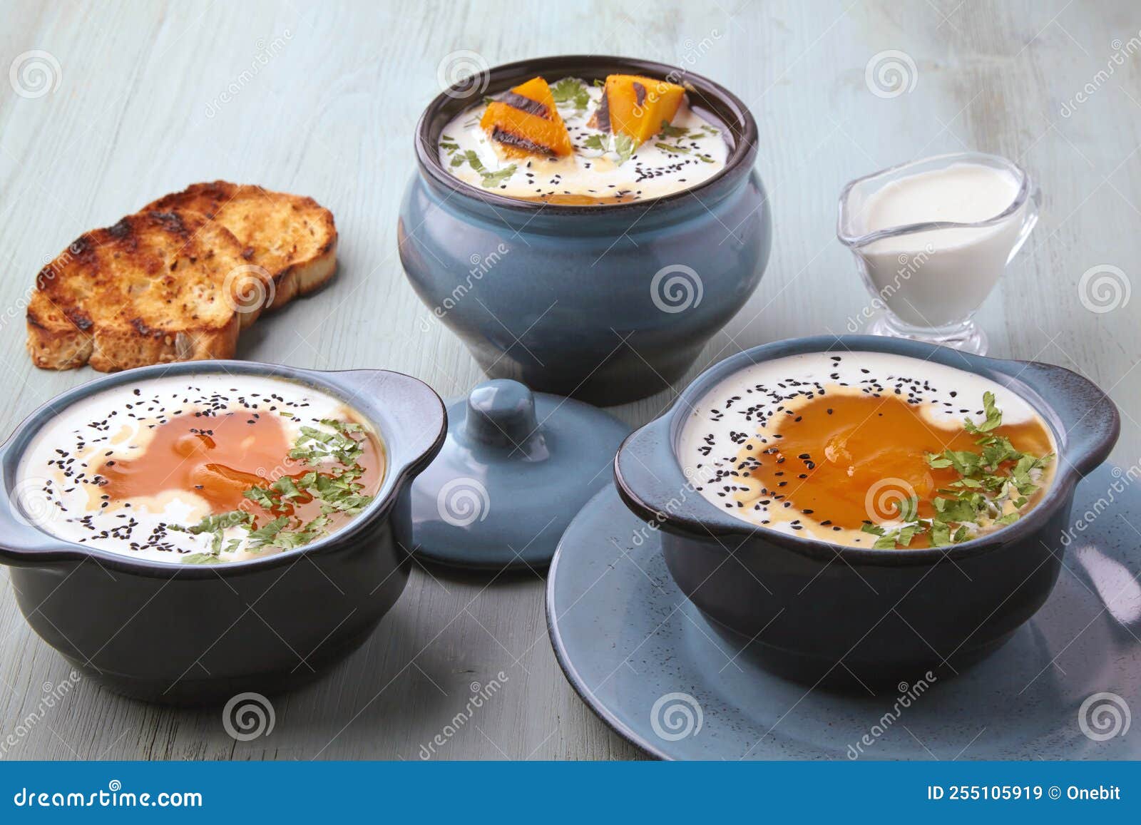 Hot Creamy Pumpkin Gazpacho With Cream Black Cumin Seeds Herbs And