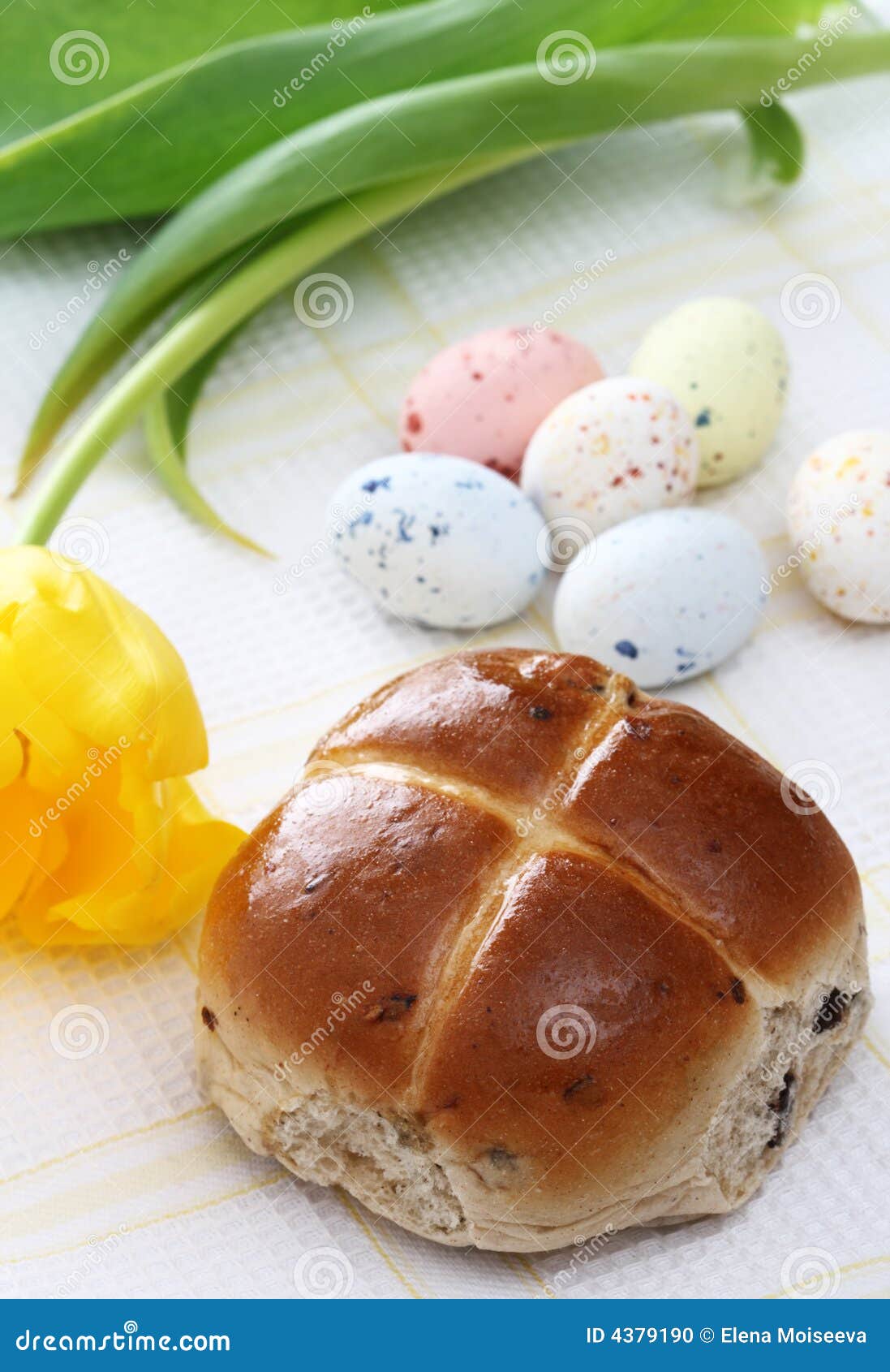 Hot Cross Bun, Speckled Easter Eggs Tulip Stock Photo - Image of bread ...