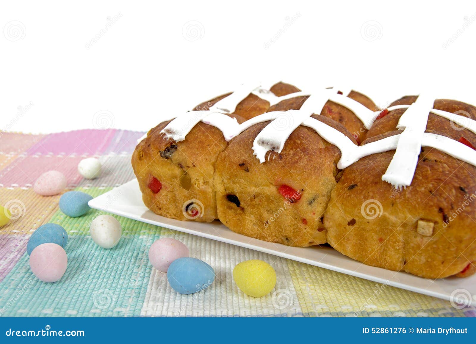 Hot Cross Buns with Easter Egg Candy Stock Photo - Image of easter ...