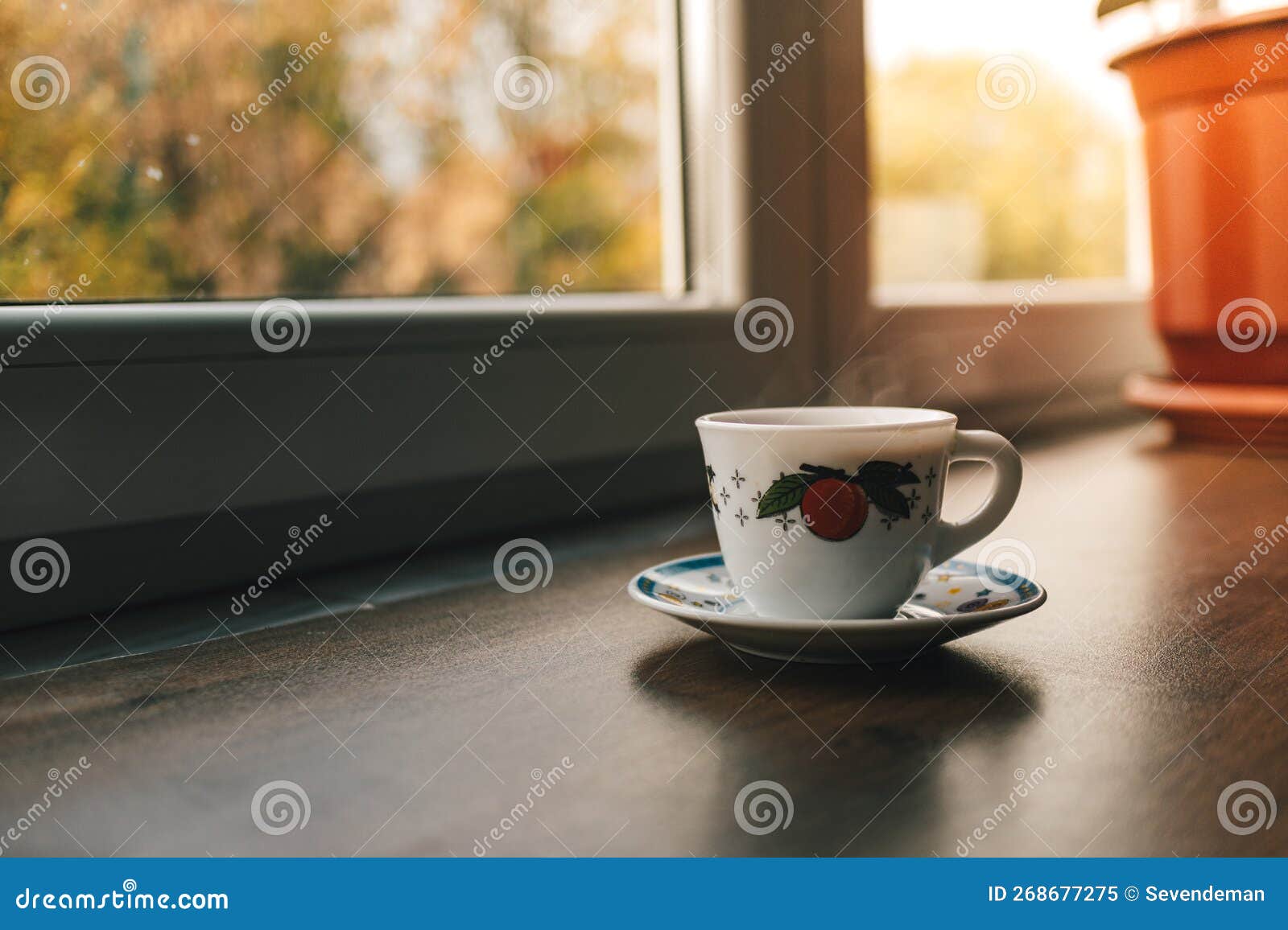 Hot Cup of Tea in Bright Light Morning by the Window. Stock Image ...