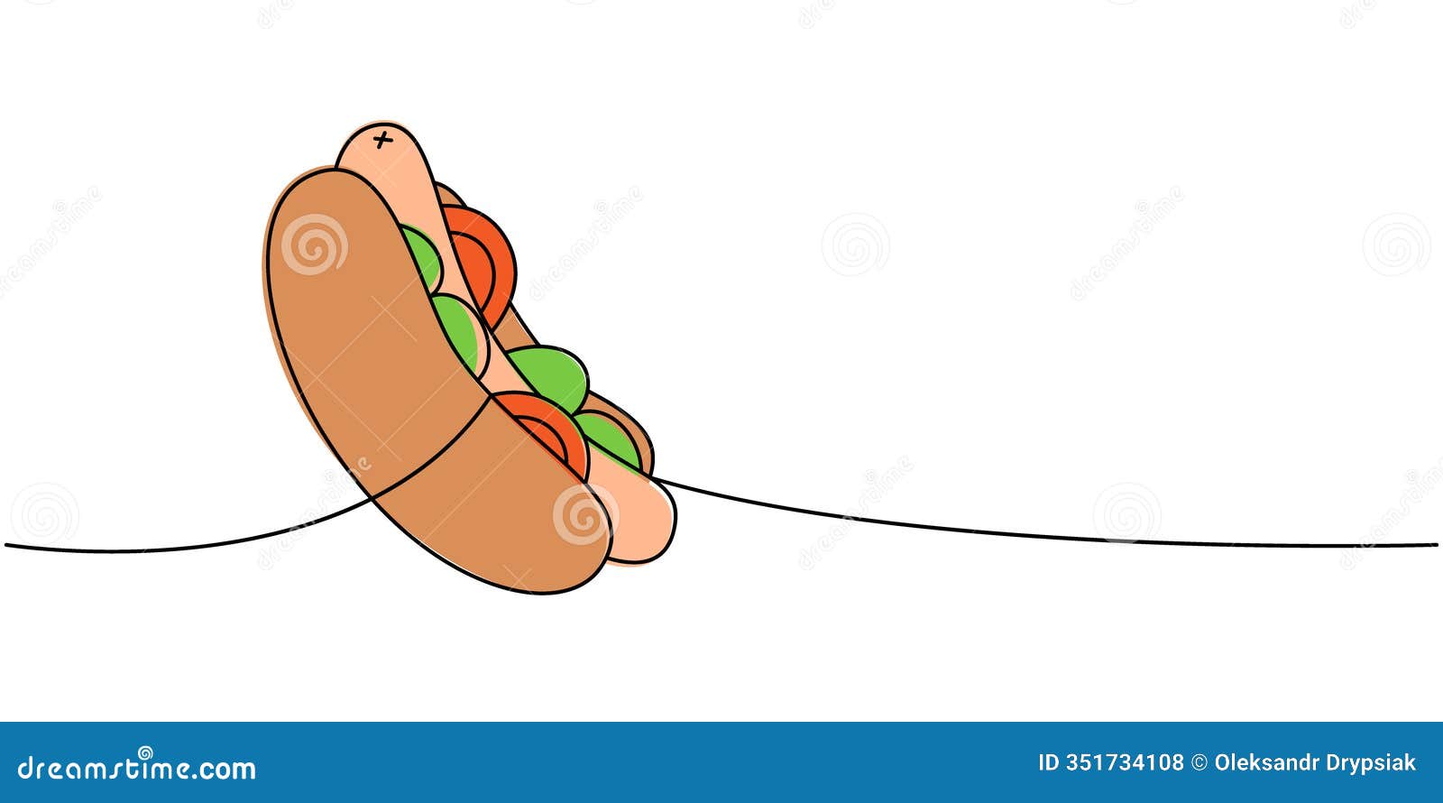 Hot Dog One Line Colored Continuous Drawing. Takeaway Snack. Vector ...