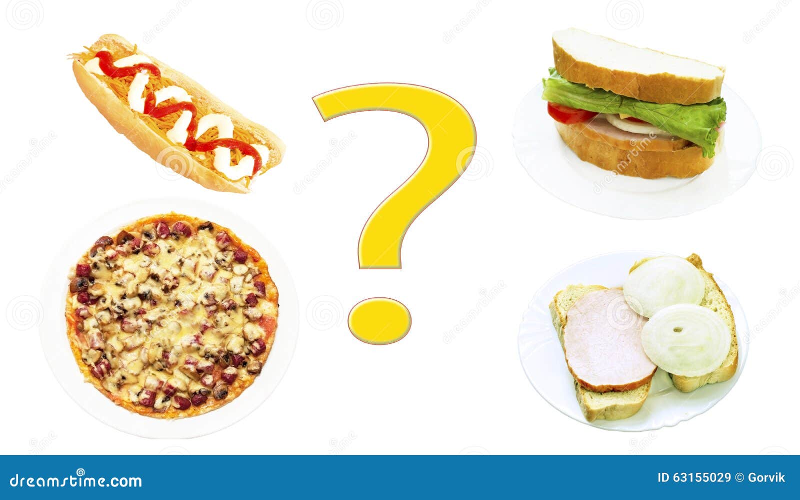Hot Dog, Various Sandwiches, Pizza, and a Question Mark Stock Image ...