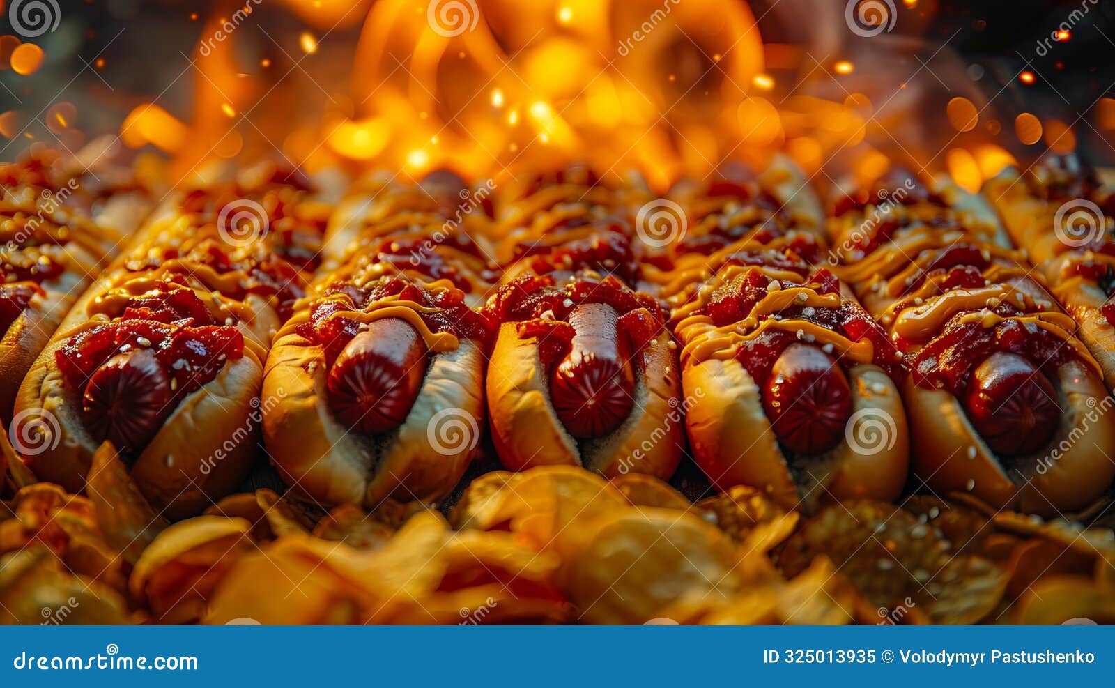 Hot Dogs on a Grill with Chips and Fire Stock Image - Image of ...