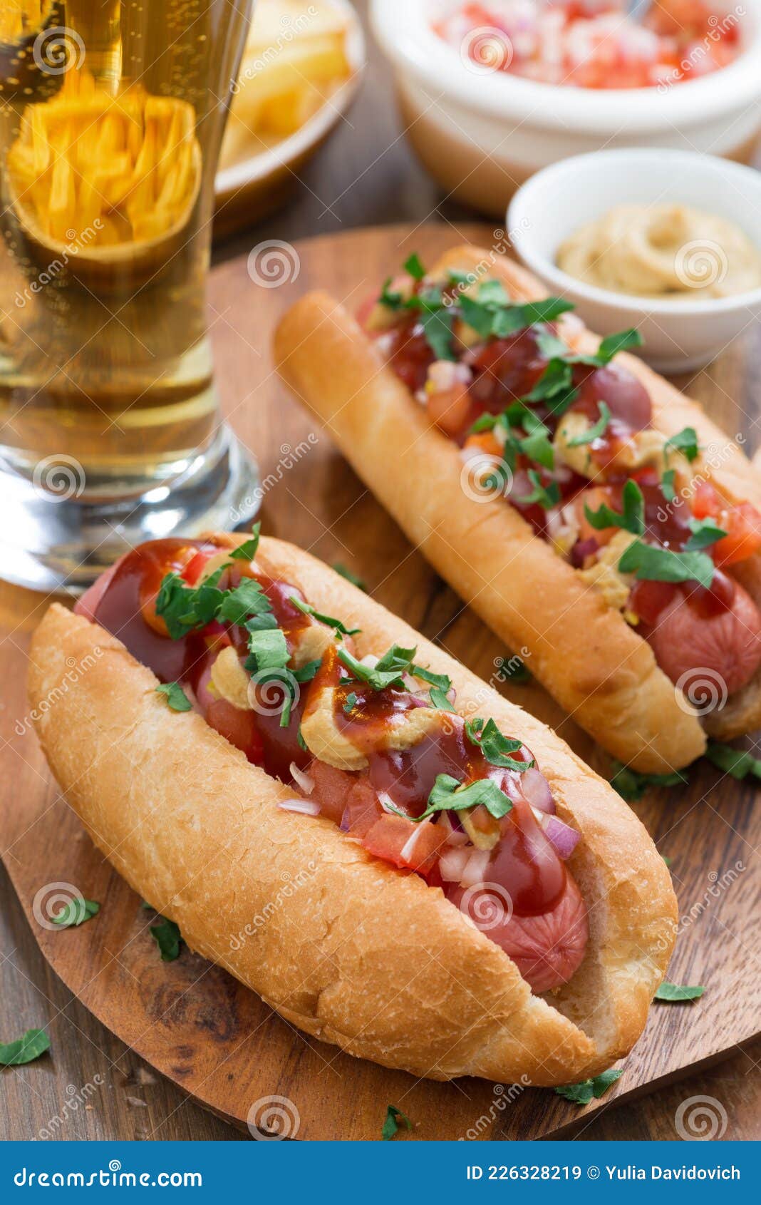 Hot Dogs with Tomato Salsa and Onions, Close-up Stock Image - Image of ...