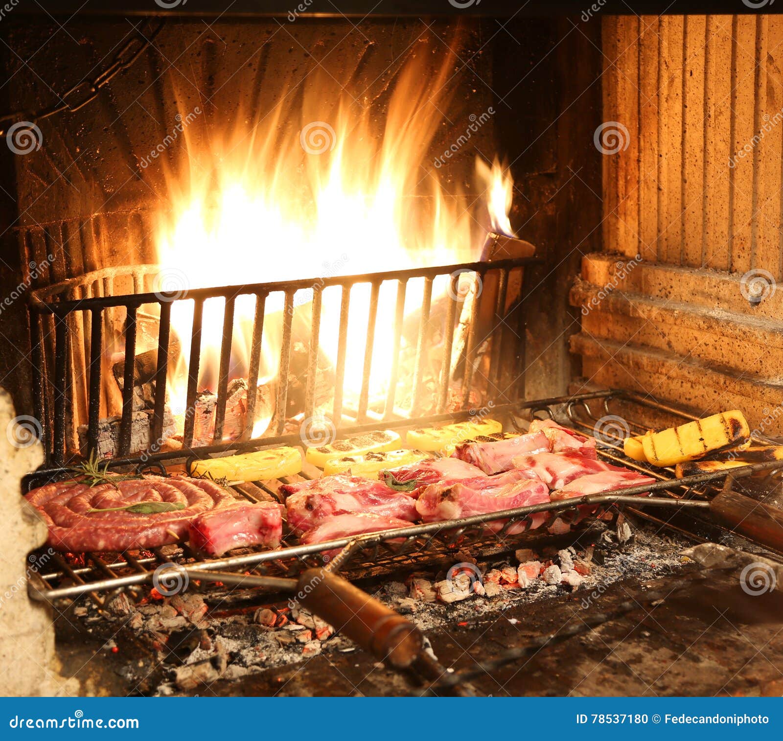 Hot Fire in the Fireplace in the Restaurant with Raw Meat Stock Photo ...
